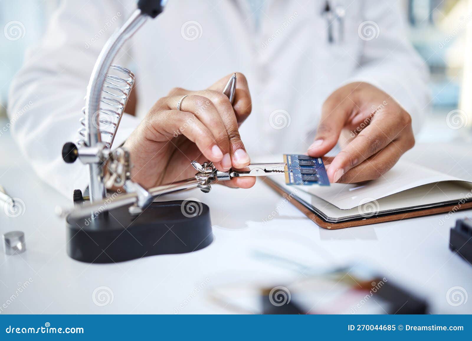 Hands, Microchip and Engineering Woman with Magnifying Glass of Science ...