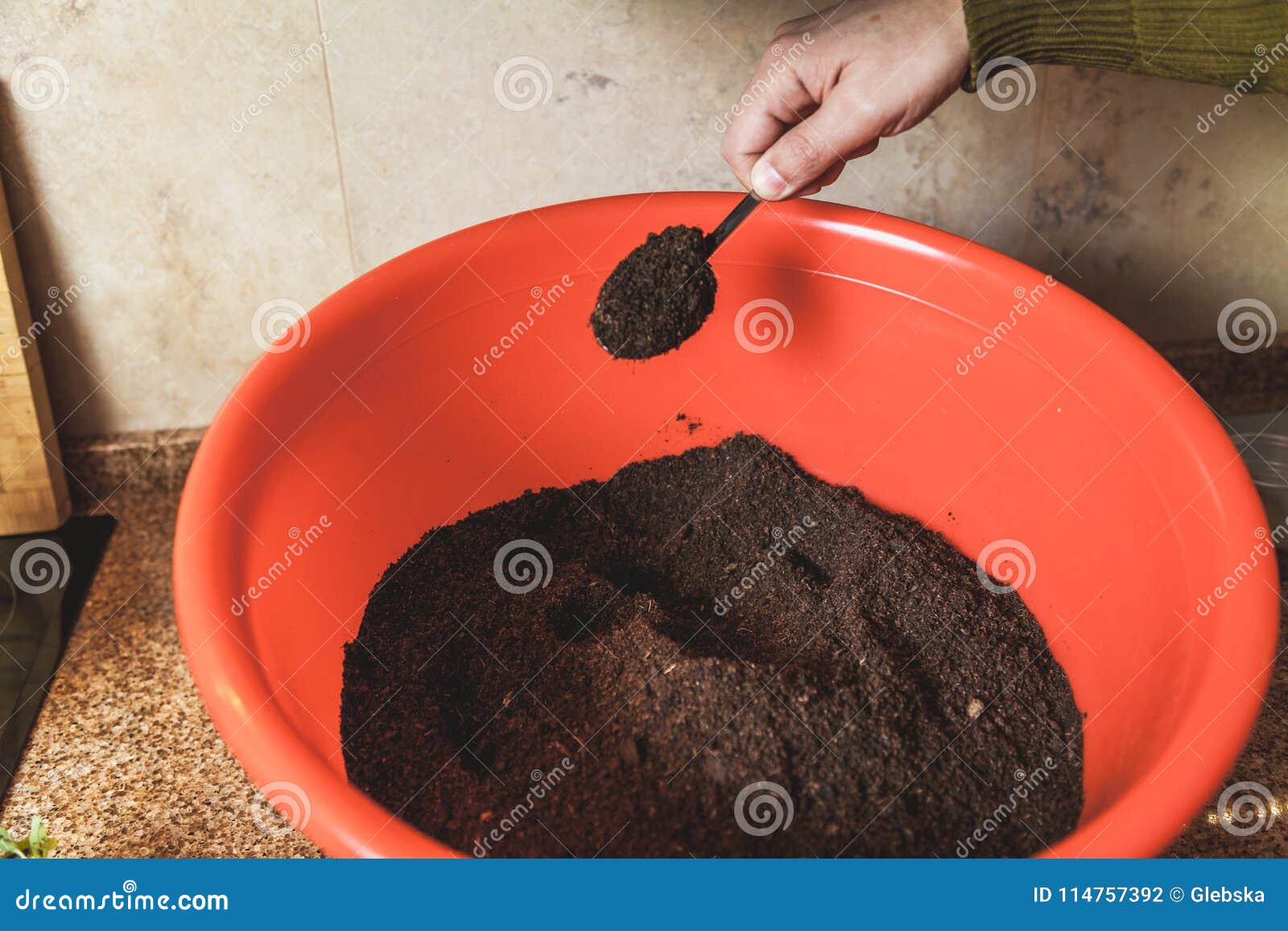 Hands Mix Soil in Red Container Stock Photo - Image of permanent ...