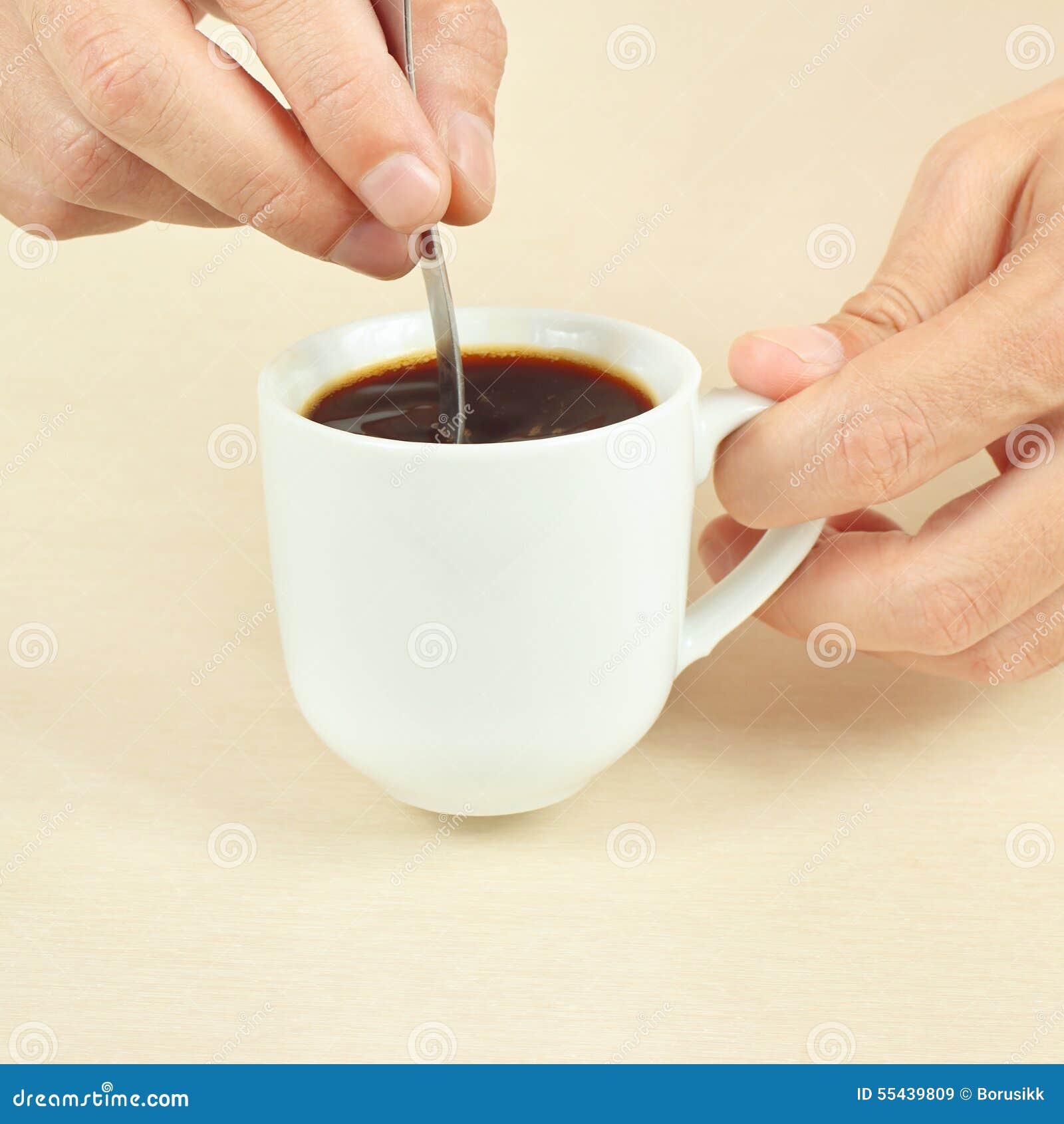 Hands Mixing with Spoon of Black Coffee in the Cup Stock Image - Image ...