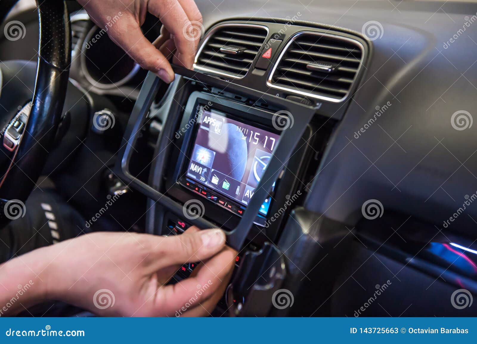 Hands Mounting Frame on Touch Display in Car Stock Image - Image of ...