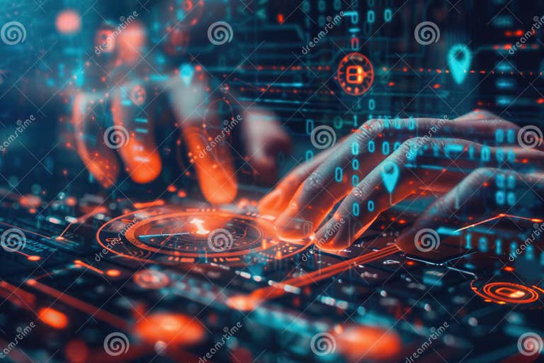 Hands Move Swiftly Over a Keyboard while Digital Symbols and Codes Float Around, Depicting a ...