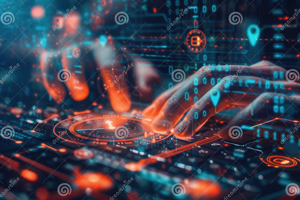 Hands Move Swiftly Over a Keyboard while Digital Symbols and Codes Float Around, Depicting a ...
