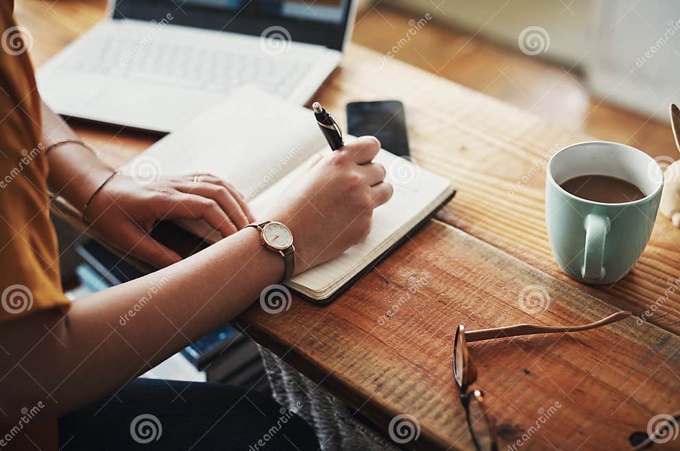 Hands, Notebook and Writing with Notes for Project, Blog or Article in ...