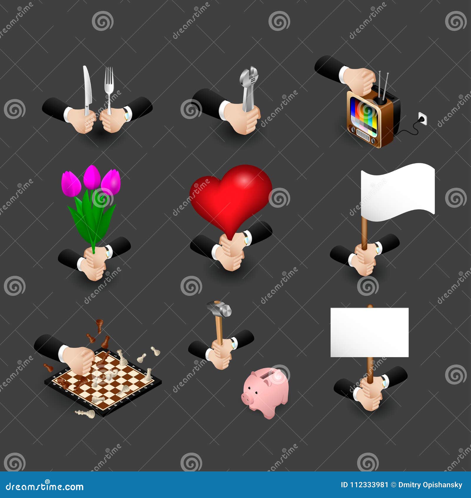 Hands and Objects Set of Icons, Different Actions Stock Vector ...