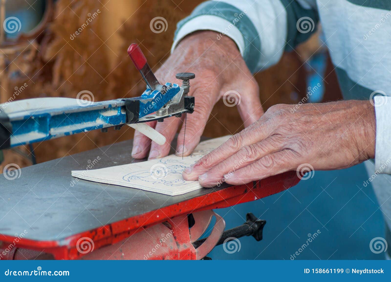 Hands of Old Man Working Wood with Metallic Tool Stock Image - Image of ...