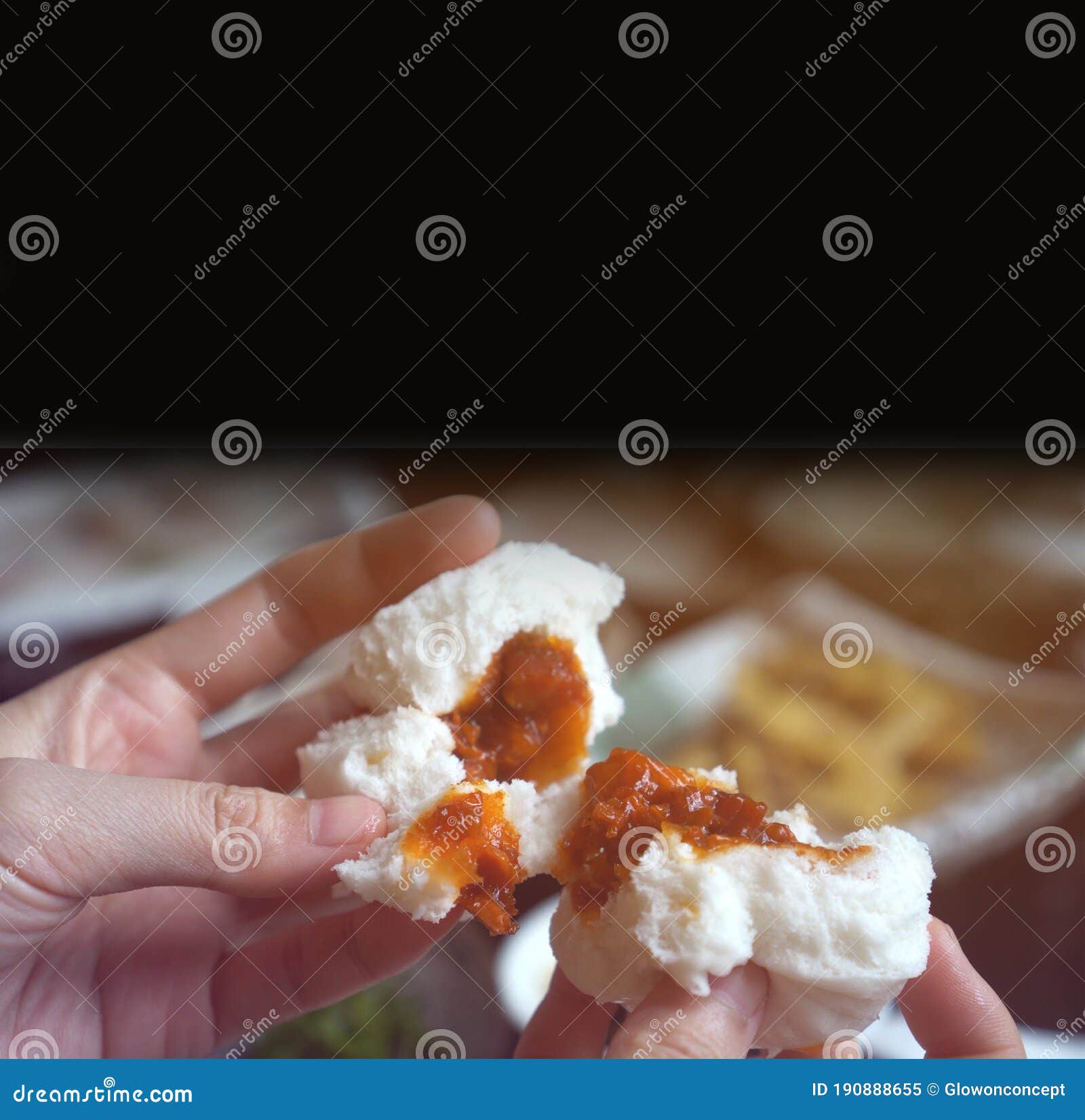 Hands Open Chinese Pork Bbq Bun Dim Sum Bun before Eating Banner Copy ...