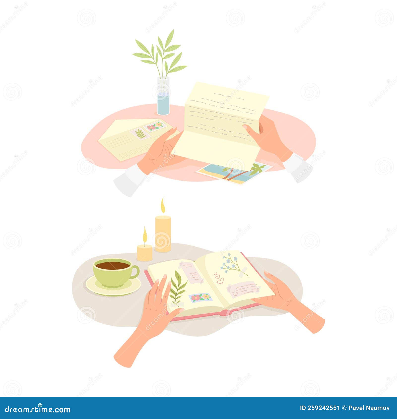 Hands with Open Diary or Notepad and Reading Letter Vector Set Stock ...