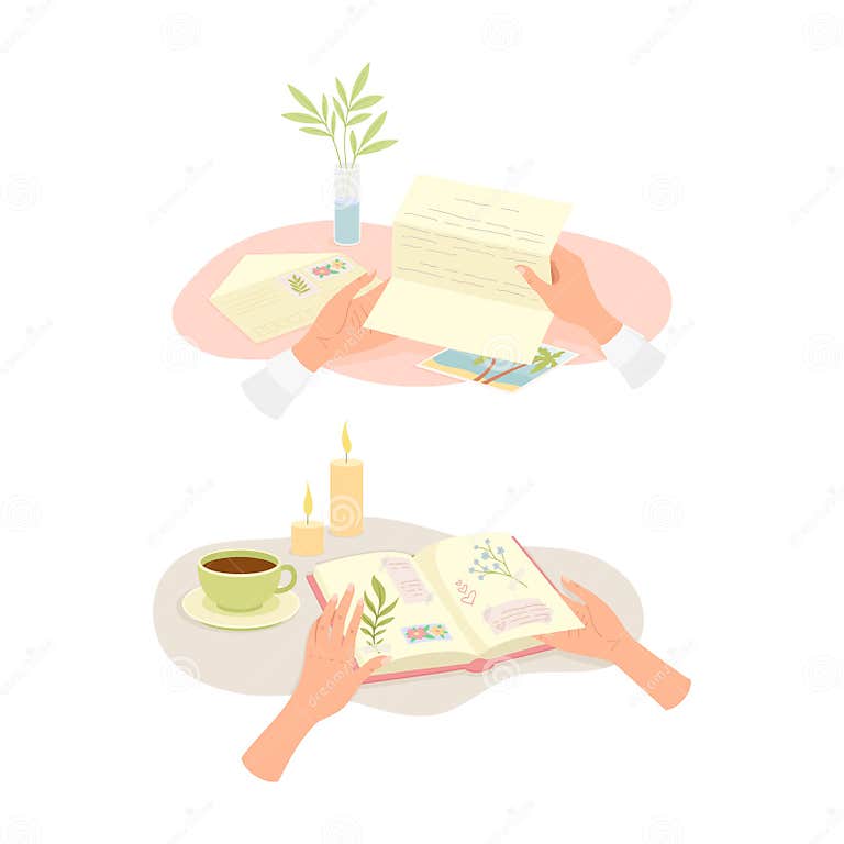 Hands with Open Diary or Notepad and Reading Letter Vector Set Stock ...