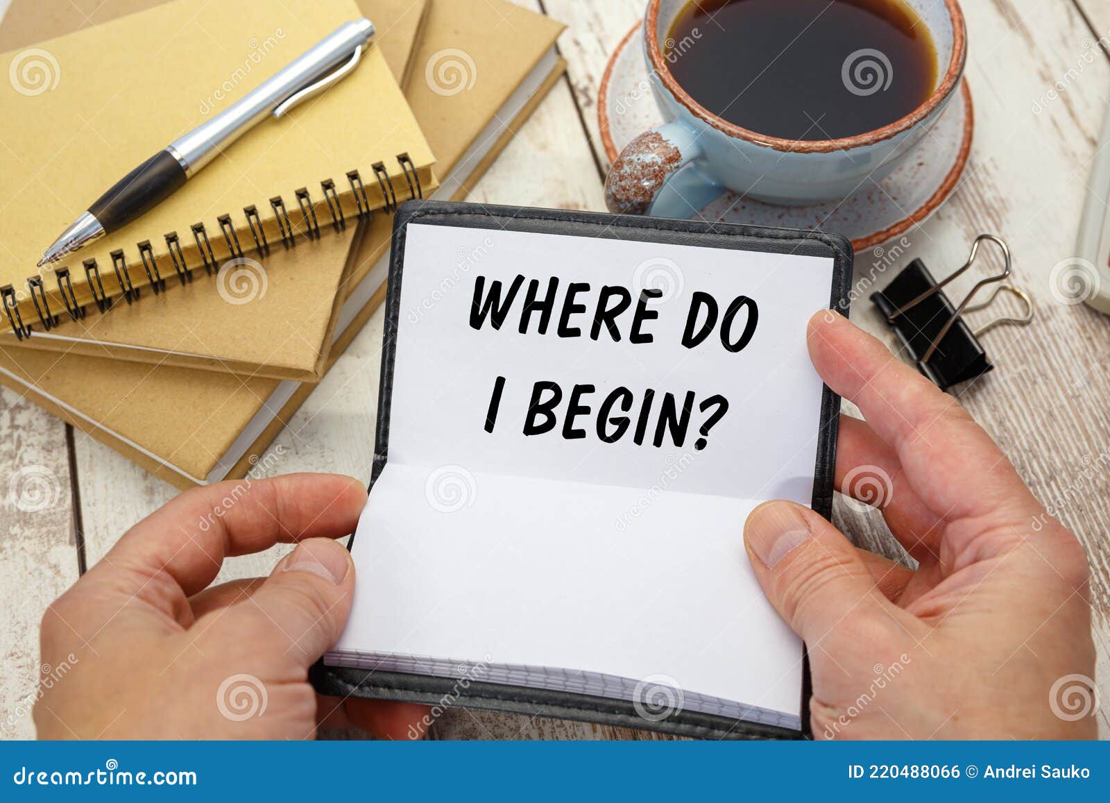 Hands Open a Notebook with the Inscription Where Do I Begin Stock Photo ...