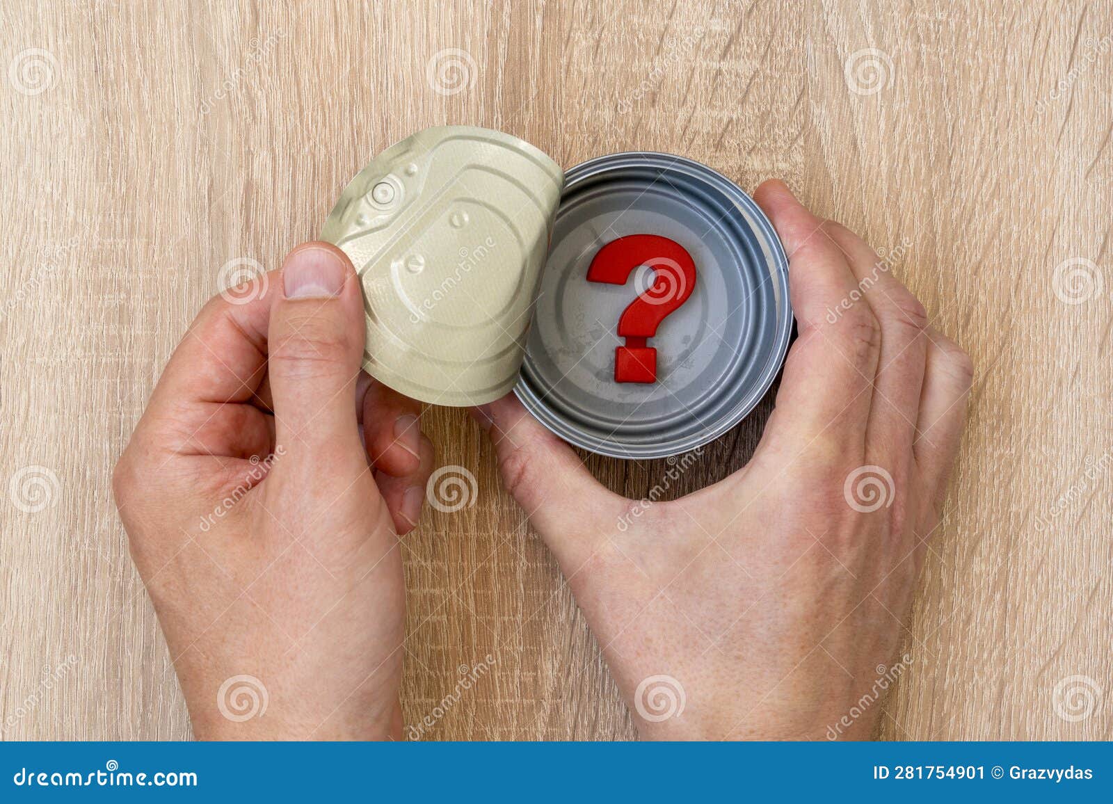 Hands Open Tin Can in Which is a Question Mark Stock Image - Image of ...