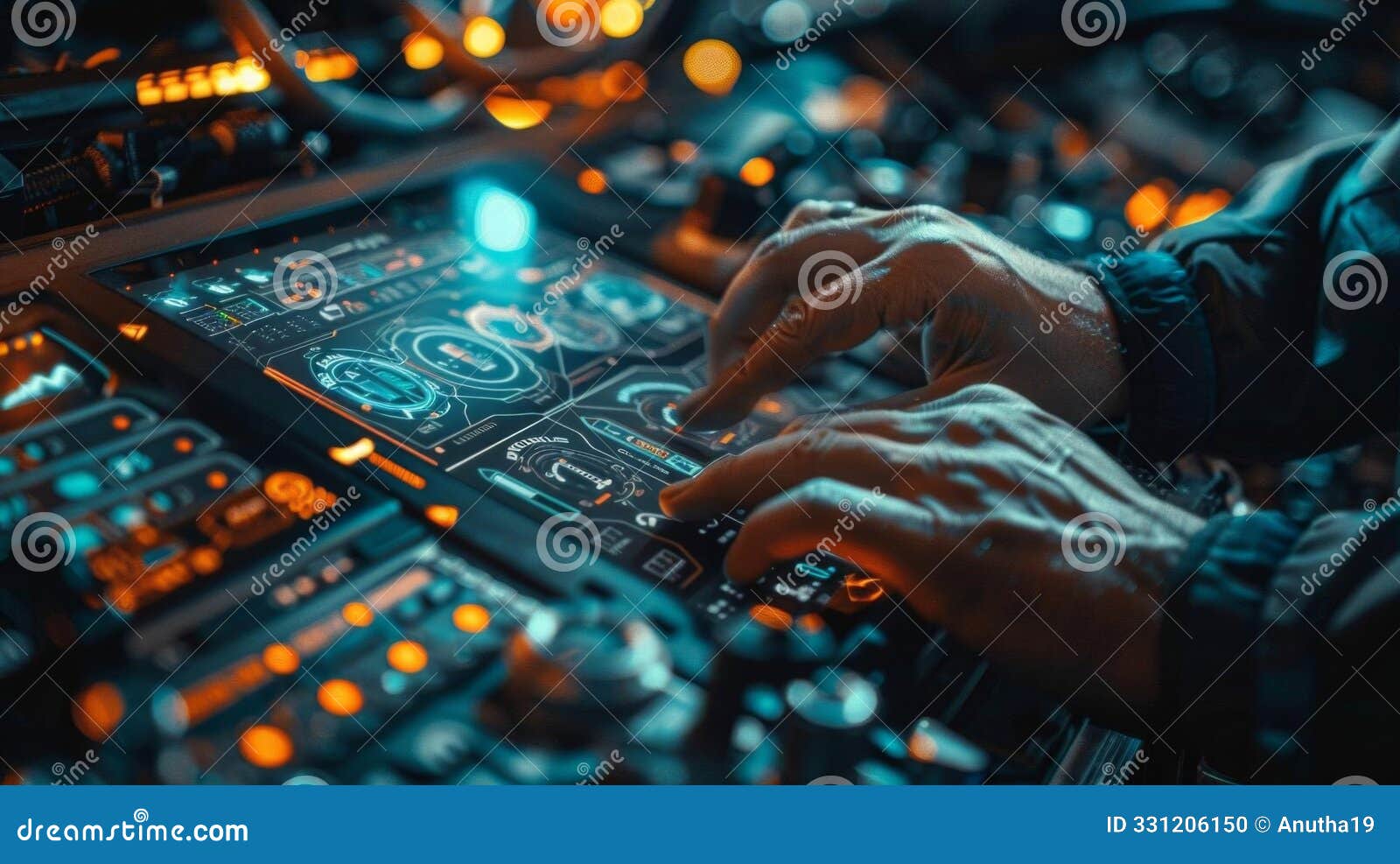 Hands Operating Complex Control Panel with Illuminated Screens Stock ...