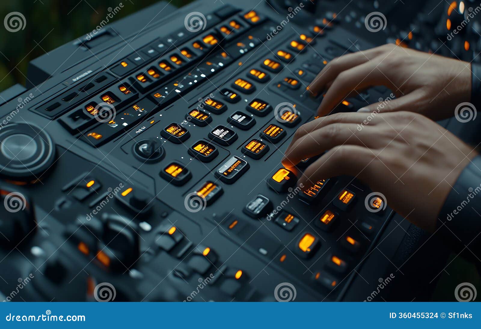 Hands Operating Modern Control Panel with Illuminated Orange Buttons ...