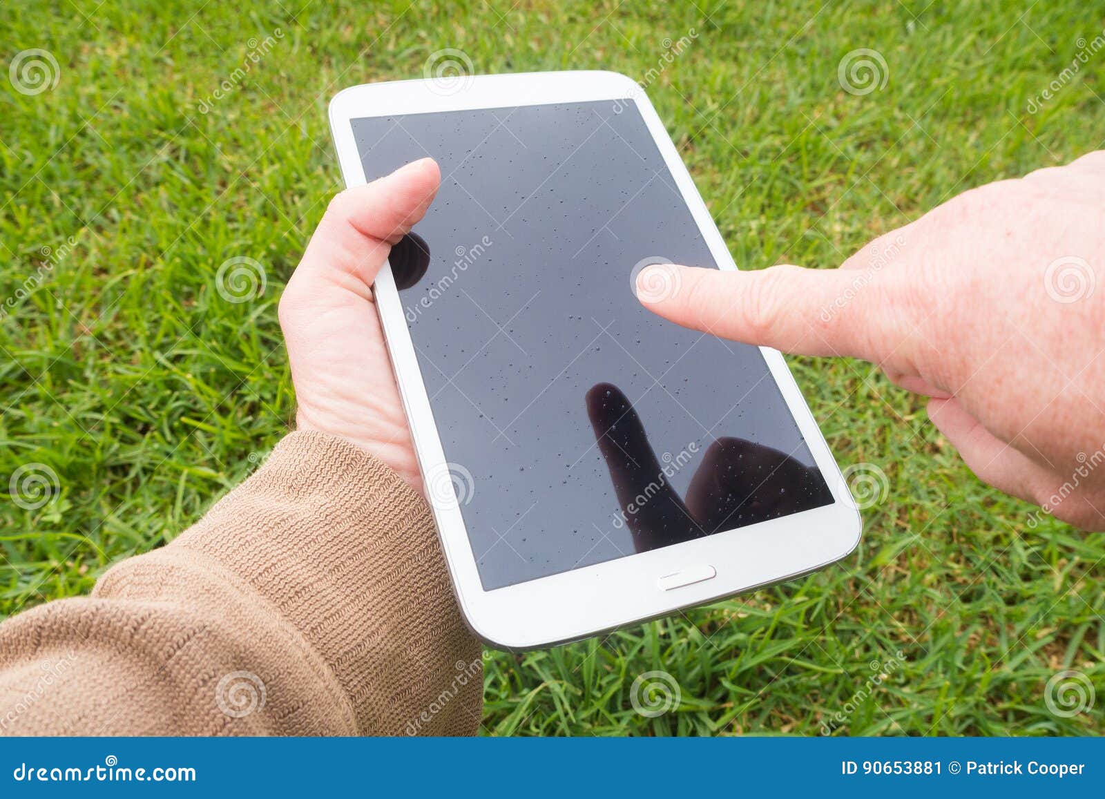 Hands Operating Tablet in Wet Weather Stock Image - Image of blank ...