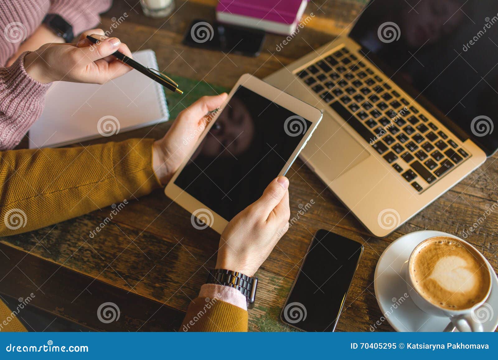 Hands Over Laptop Smartphone Tablet with Coffee in Trendy Cafe Stock ...