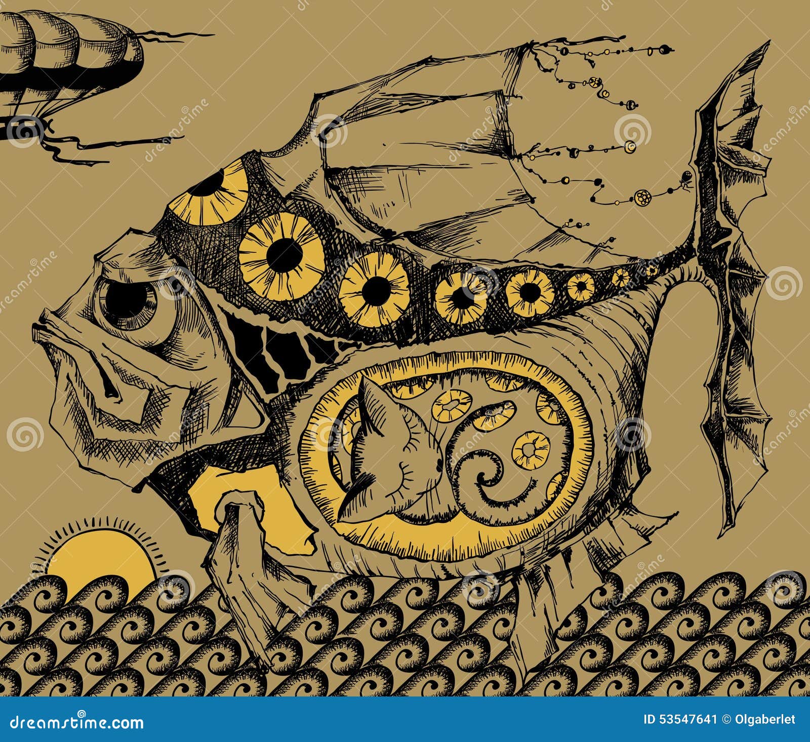 Hands Painted Portrait Magic Fish with a Kitten Inside Stock ...