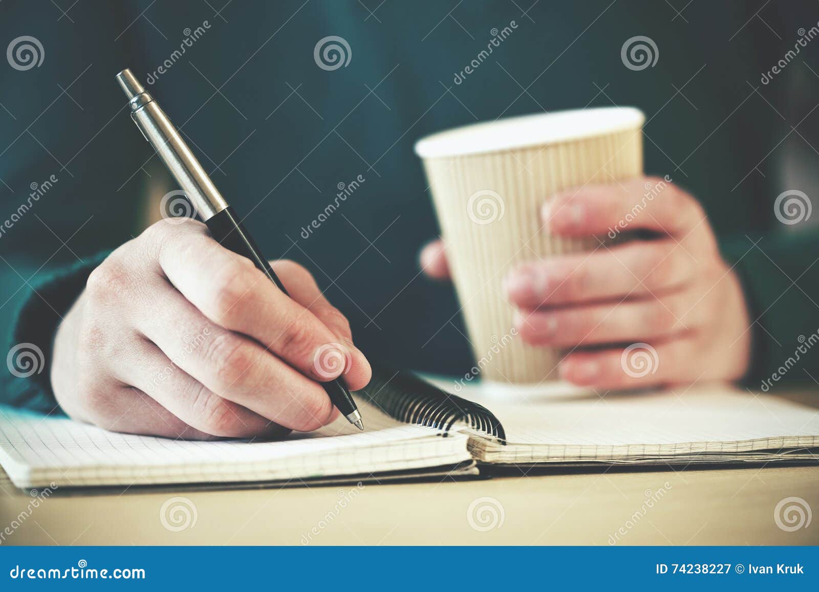 Hands with Pen Writing on Notebook Stock Image - Image of drink ...