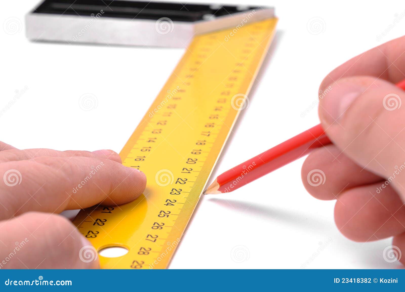 Hands with Pencil and Metal Angle Stock Photo - Image of instrument ...