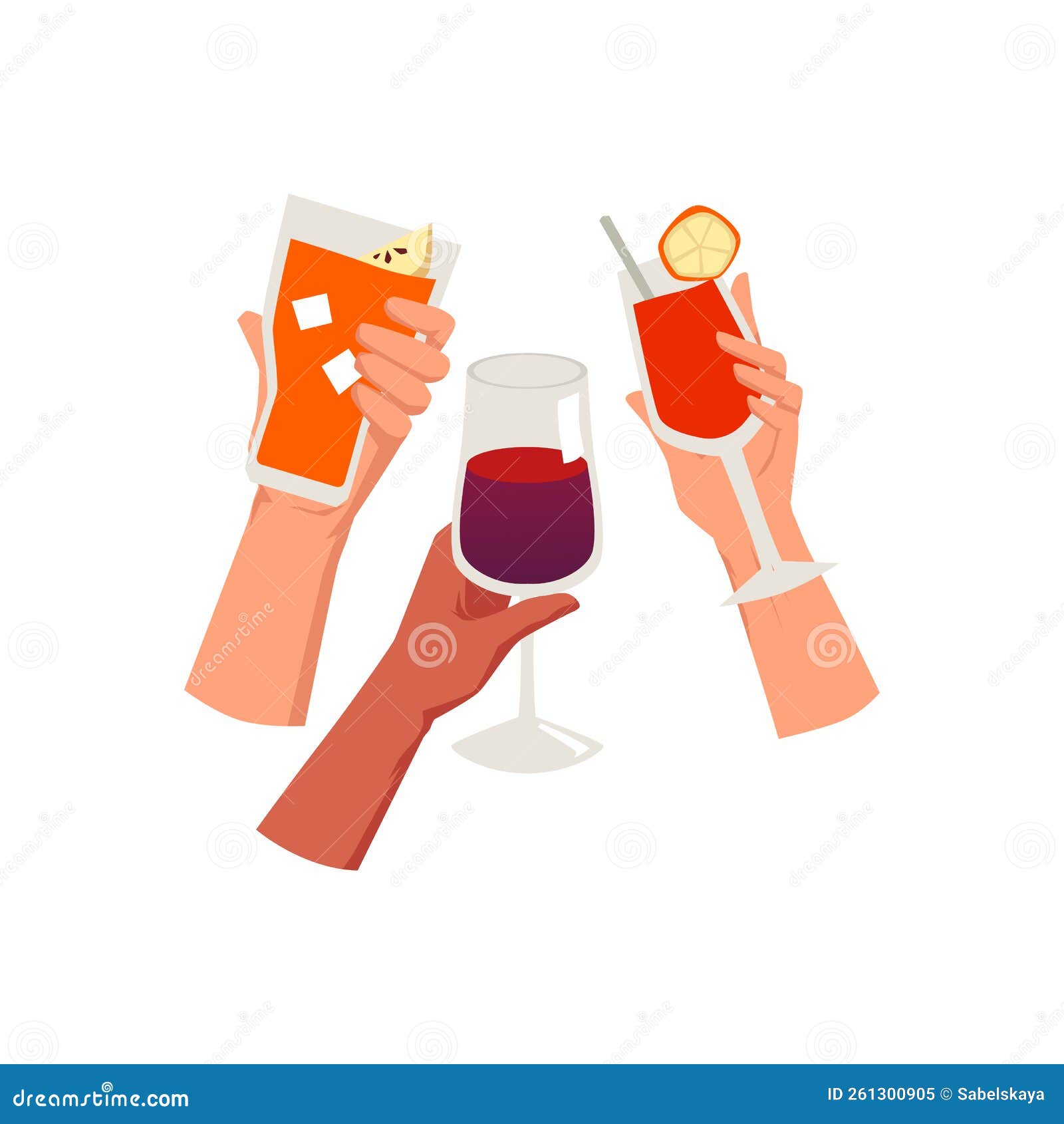 Hands of People at the Party Clicking Alcohol Drinks, Flat Vector ...