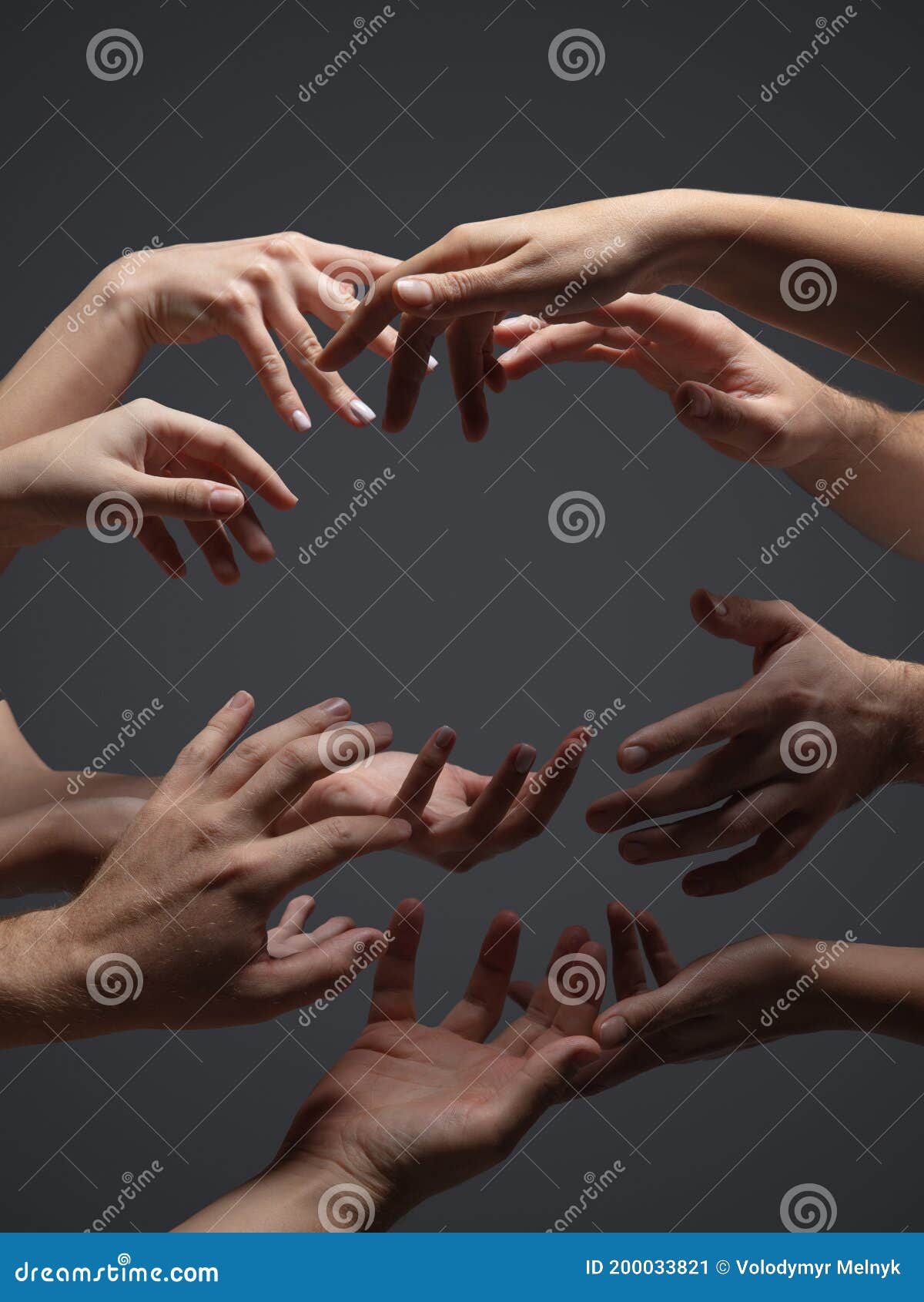 Hands of People`s Crowd in Touch on Grey Studio Background. Concept of ...