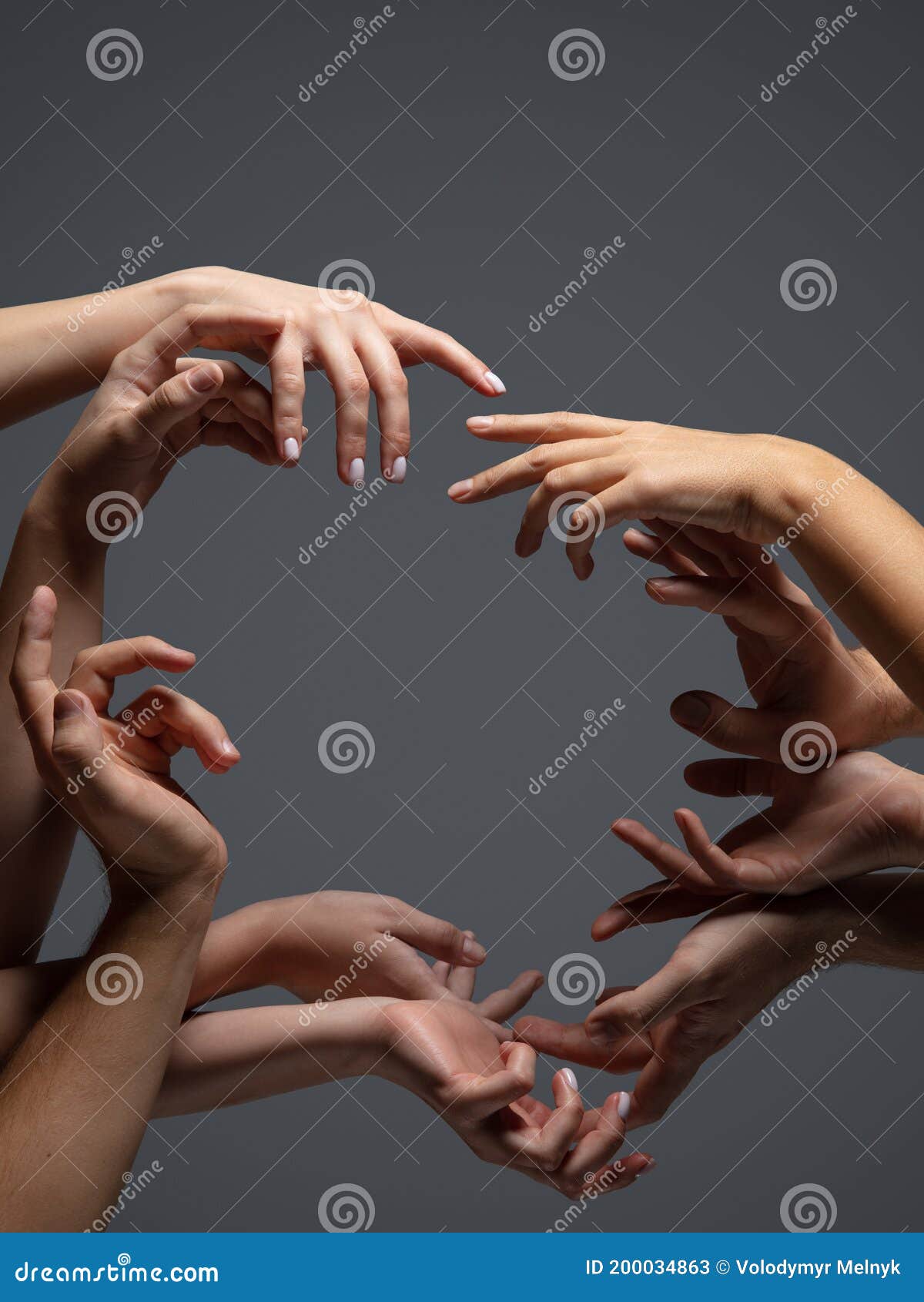 Hands of People`s Crowd in Touch Isolated on Grey Studio Background ...