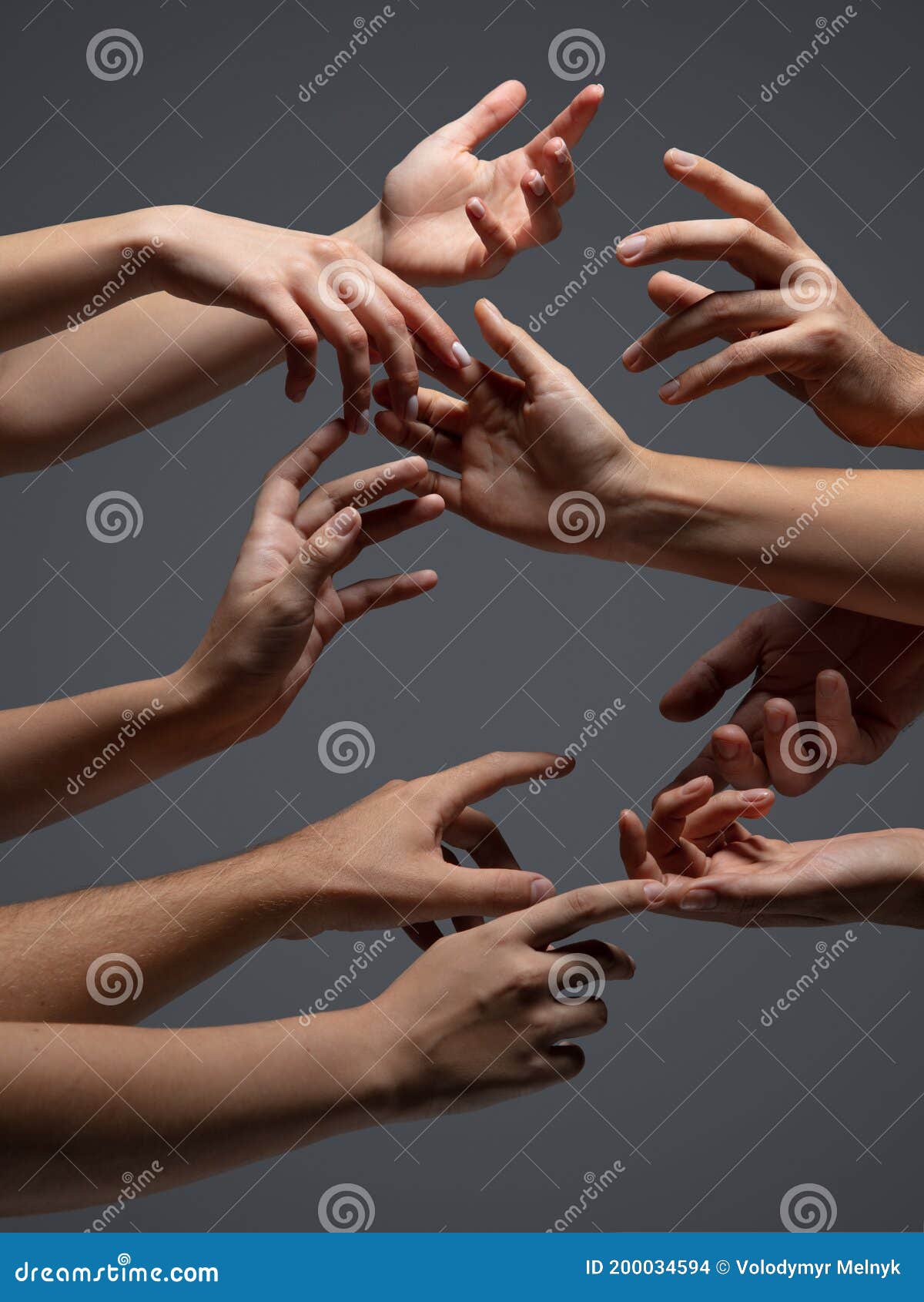 Hands of People`s Crowd in Touch Isolated on Grey Studio Background ...