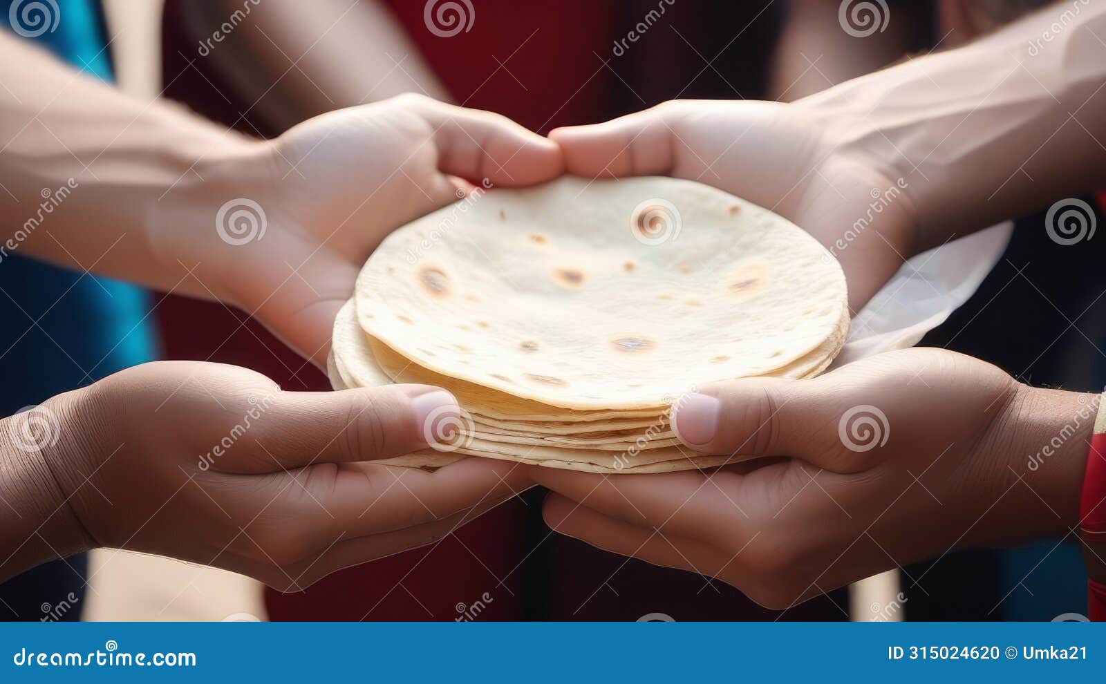 The Hands of People are Separated and Holding a Stack of Tortillas ...