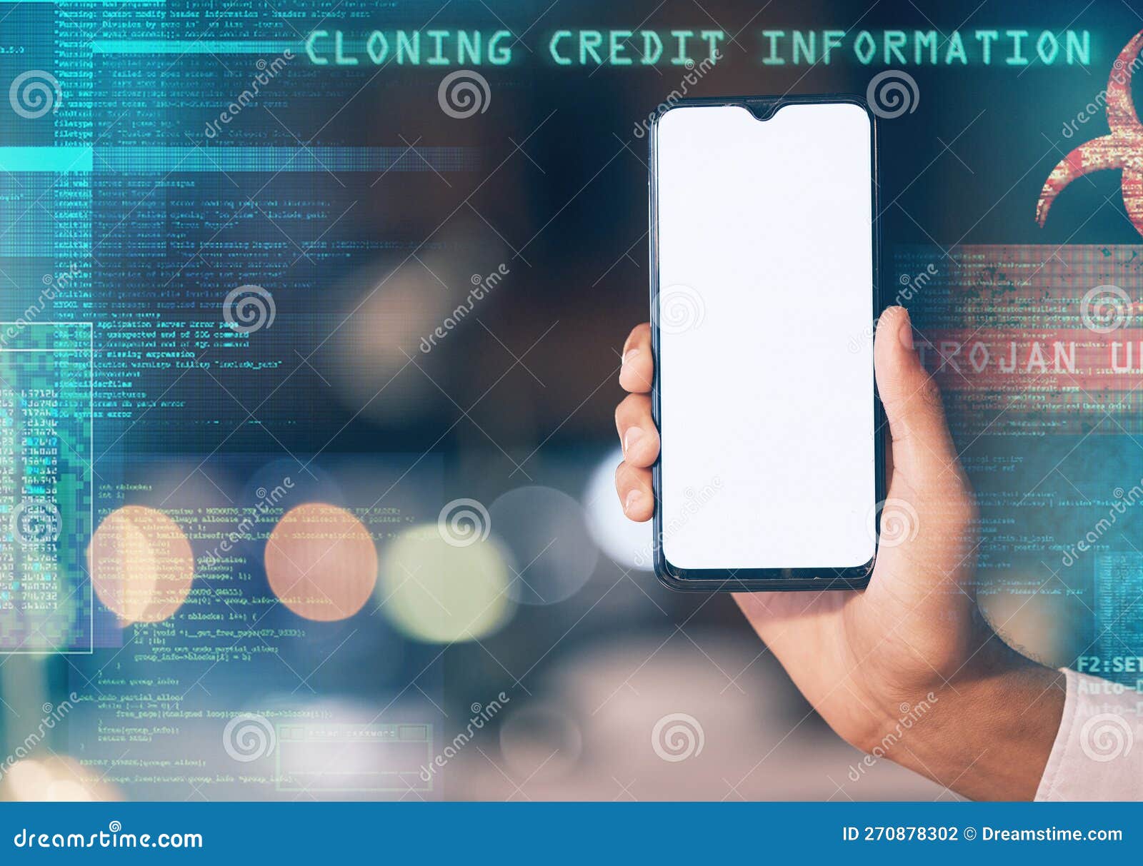 Hands, Phone and Screen Mockup for Virus, Hacking Software or ...