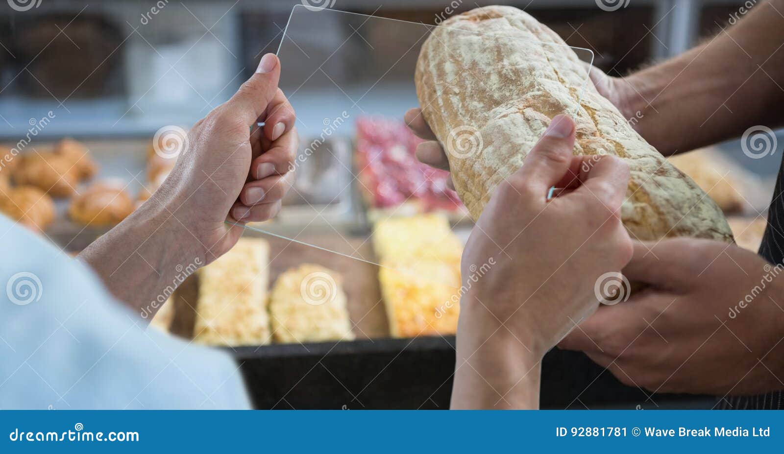 Hands Photographing Bread through Transparent Device Stock Image ...