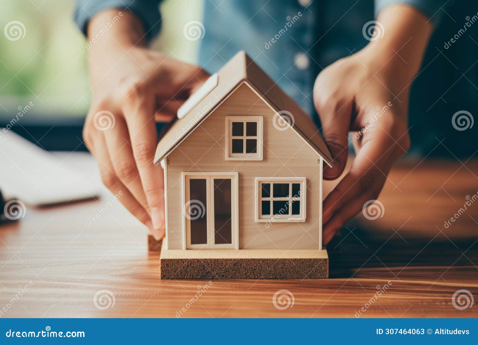 Hands Placing a Tiny House Model on a Wooden Desk Stock Image - Image ...