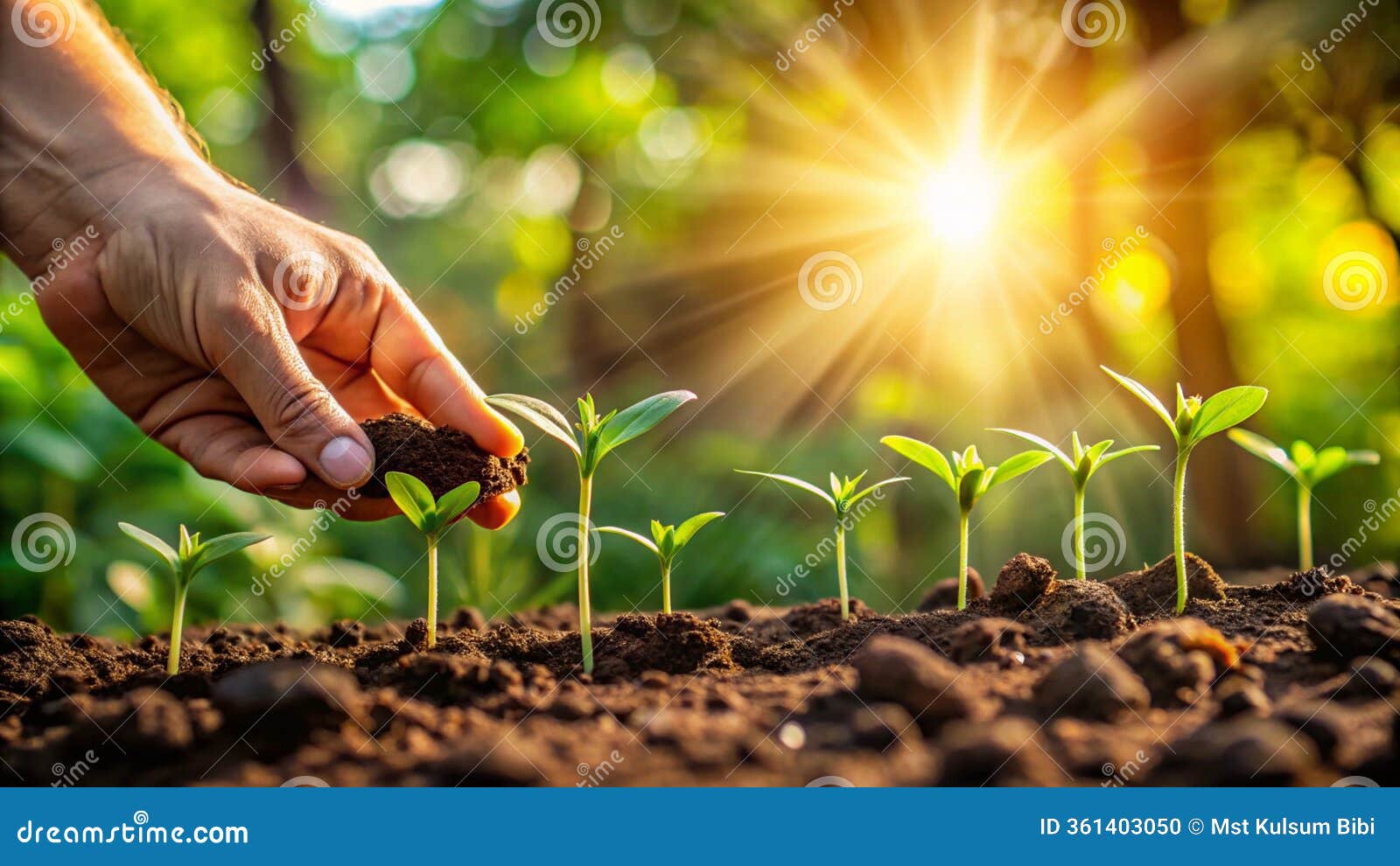 Tiny Seedlings Emerge Near A Trowel And Rake In Dark Soil , Flower ...