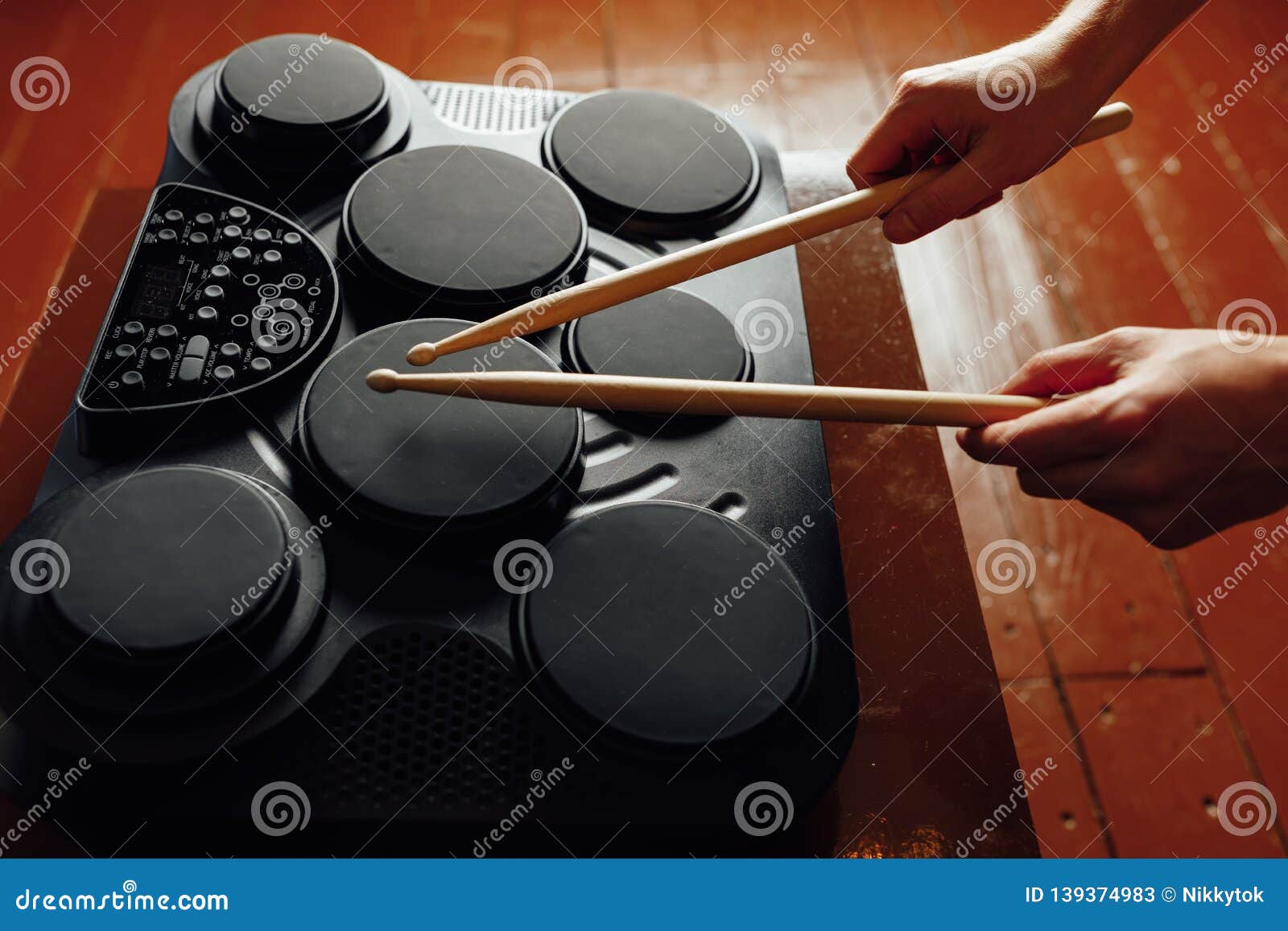 Hands Playing on Portable Electronic Drums Stock Image - Image of ...