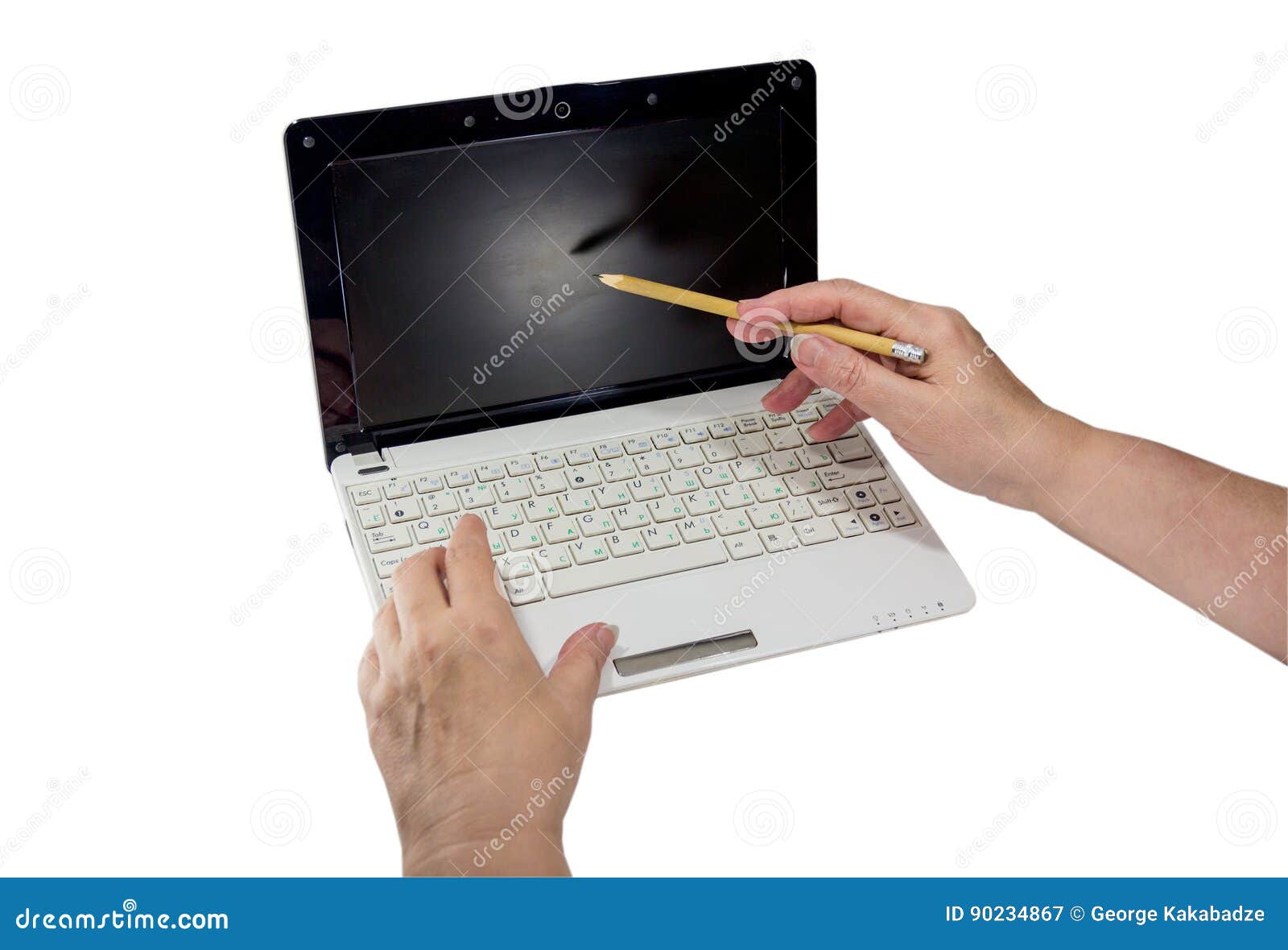 Hands Point with a Pencil on the Laptop Screen Stock Image - Image of ...