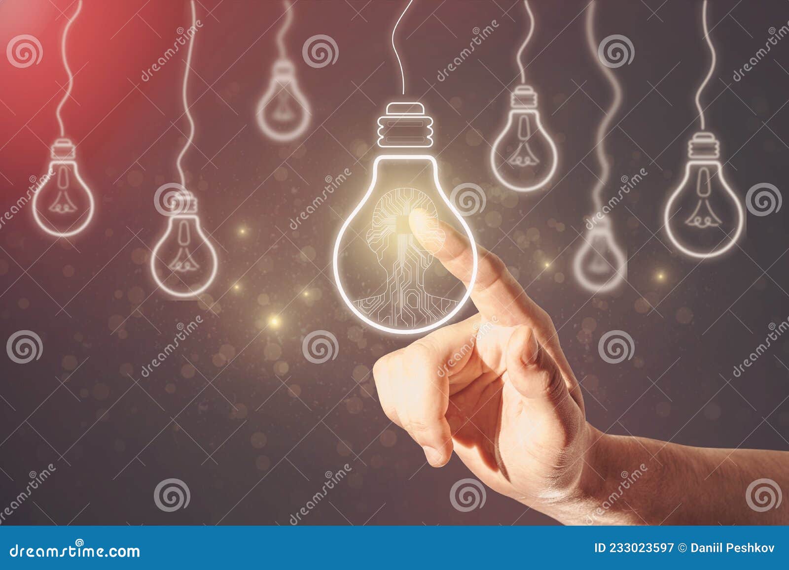 Hands Pointing at Abstract Light Bulbs on Dark Background with Circuit ...