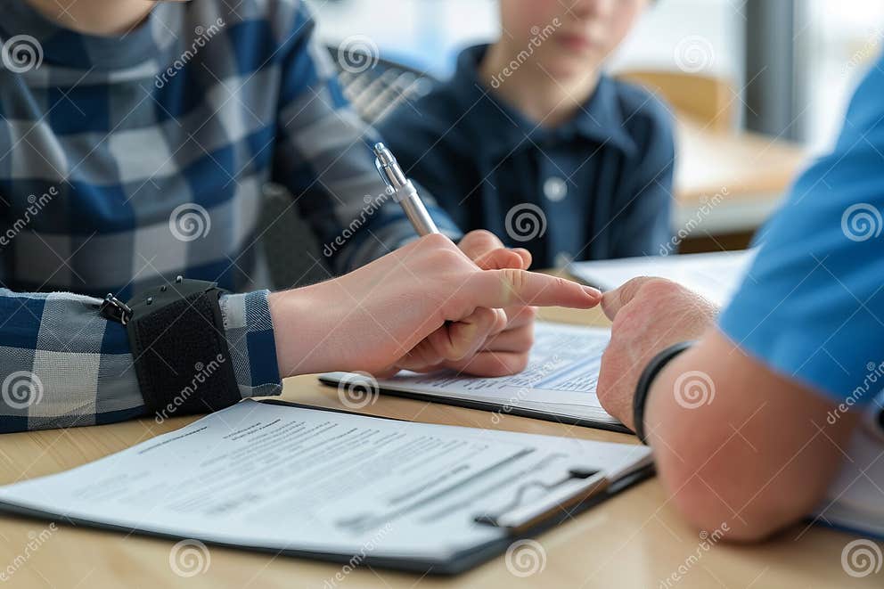 Close-up of People Discussing Documents at a Wooden Table. a Formal ...
