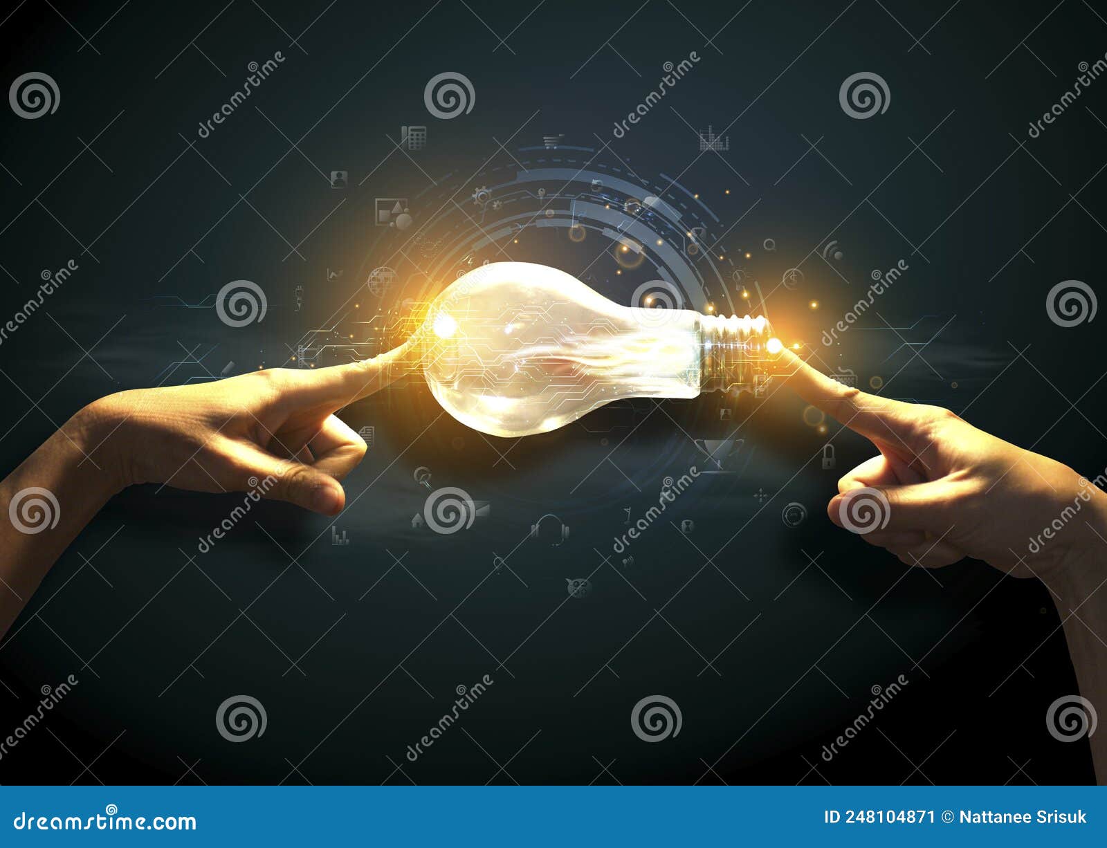 Hands Pointing Light Bulb on Dark Background - New Icon Business ...
