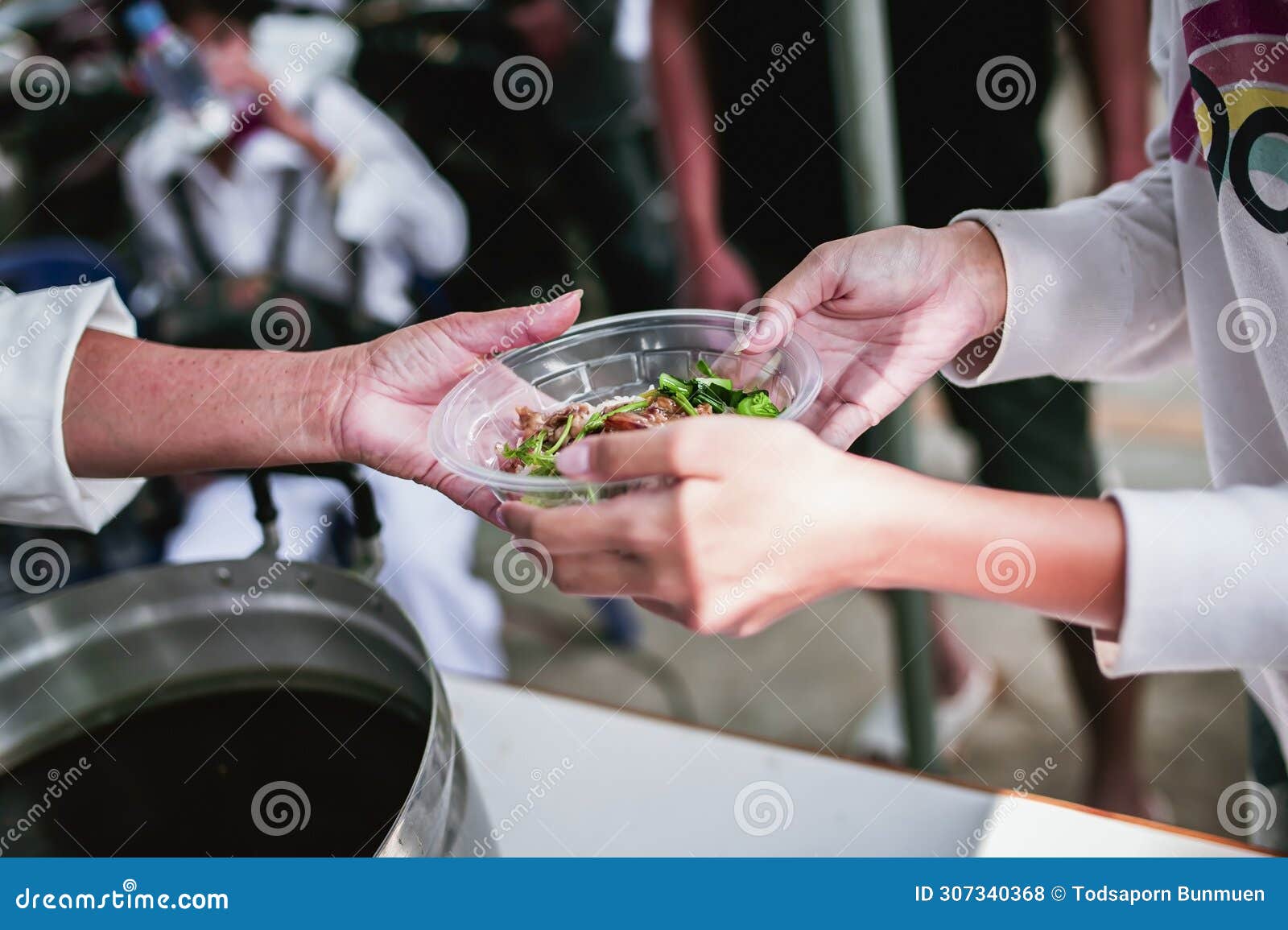 Hands of the Poor Receive Food from the Donor S Share. Poverty Concept ...