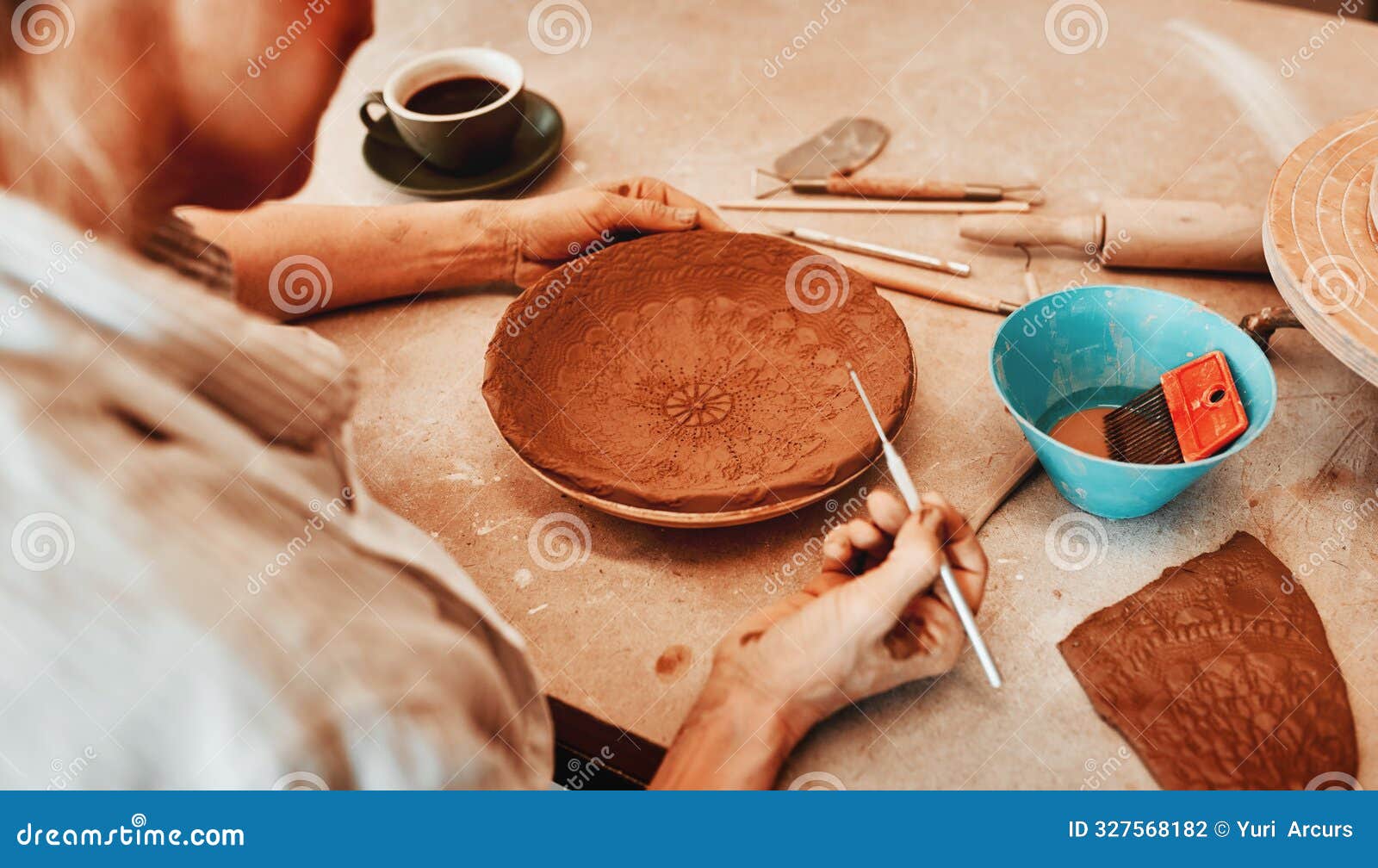Hands, Pottery and Person with Tools for Pattern, Design or Carving ...