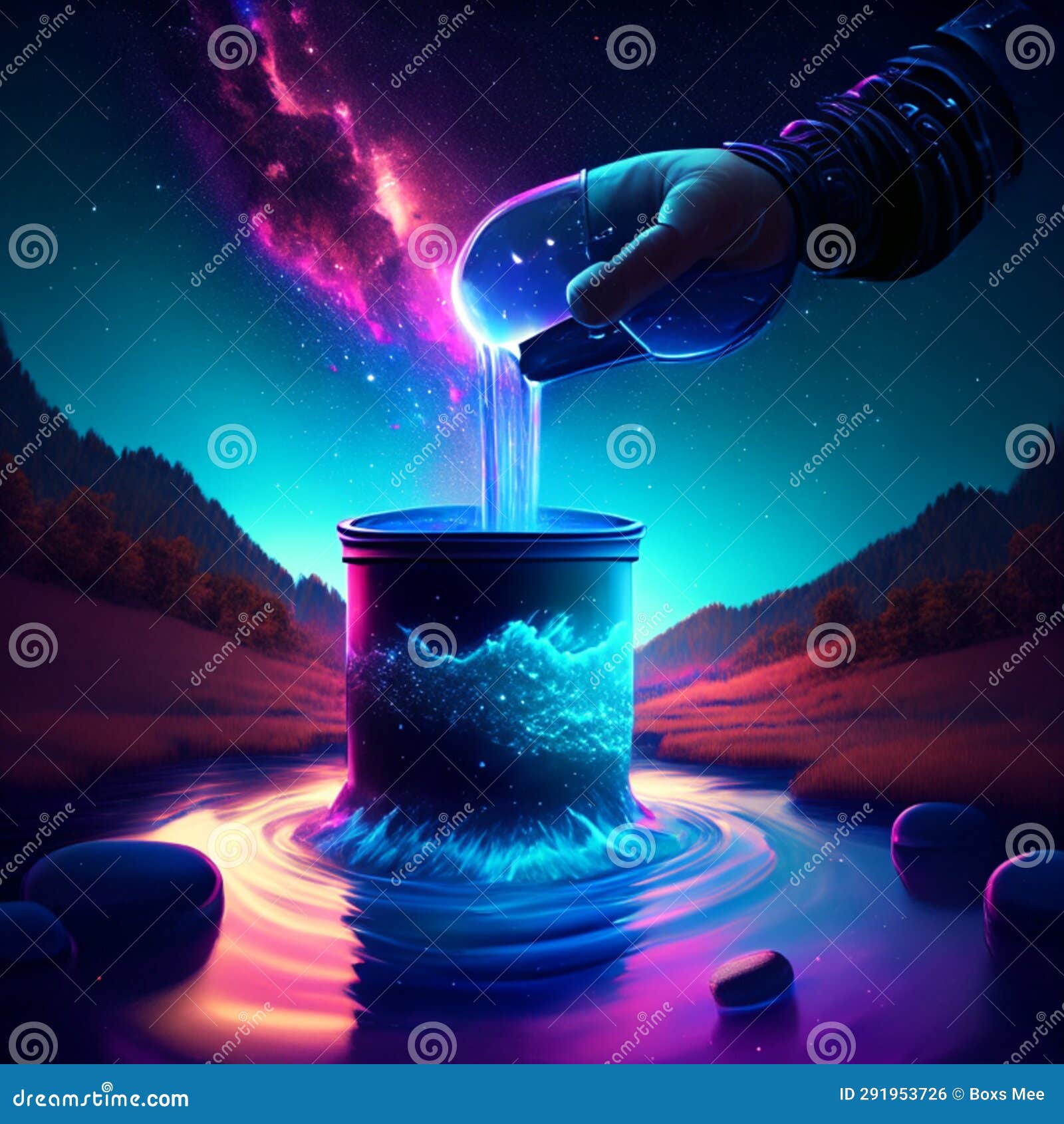 Hands Pouring Water from a Cauldron into a Pot. 3D Rendering AI ...