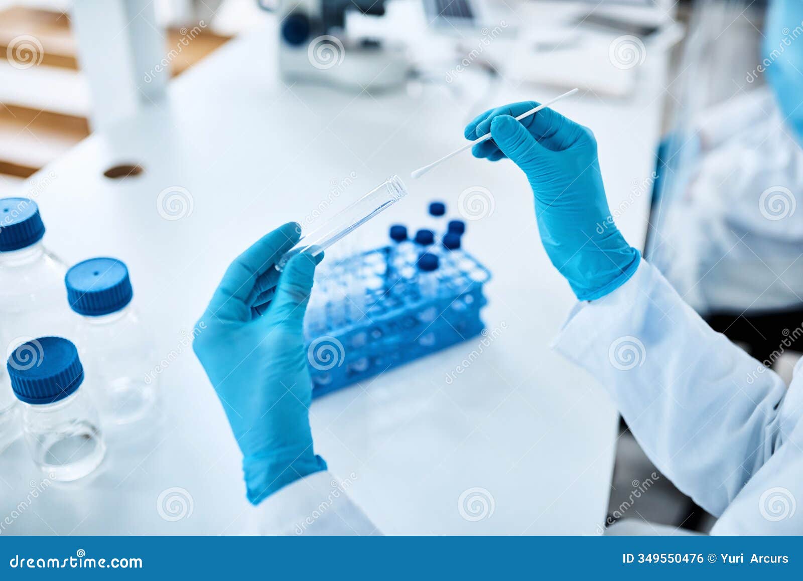 Hands, Ppe and Swab in Science Laboratory with Gloves for Testing ...
