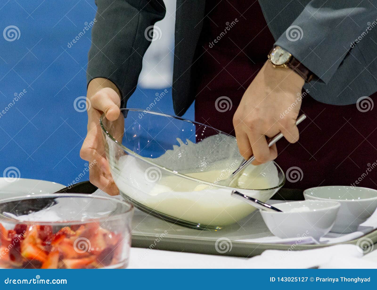 Hands Preparing Cream, Chef Whisking Cream in Kitchen Stock Image ...