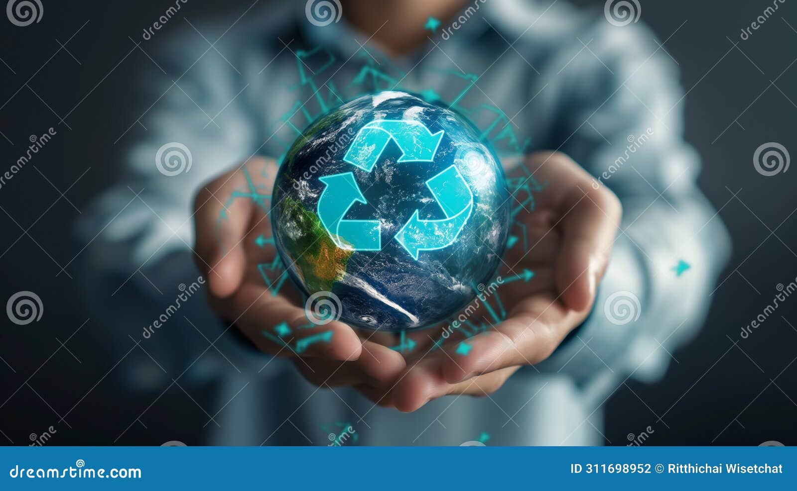 Hands Present a Glowing Globe with Recycling Symbols, Symbolizing Eco ...