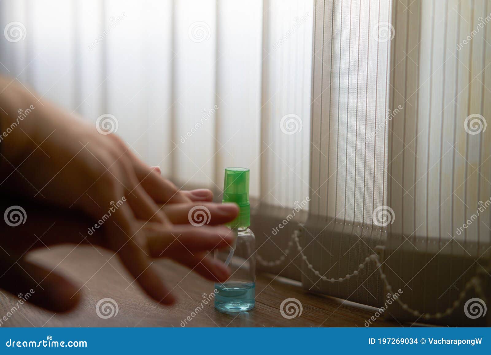 Hands Press Alcohol Spray before Outside Home from Work with Copy Space ...