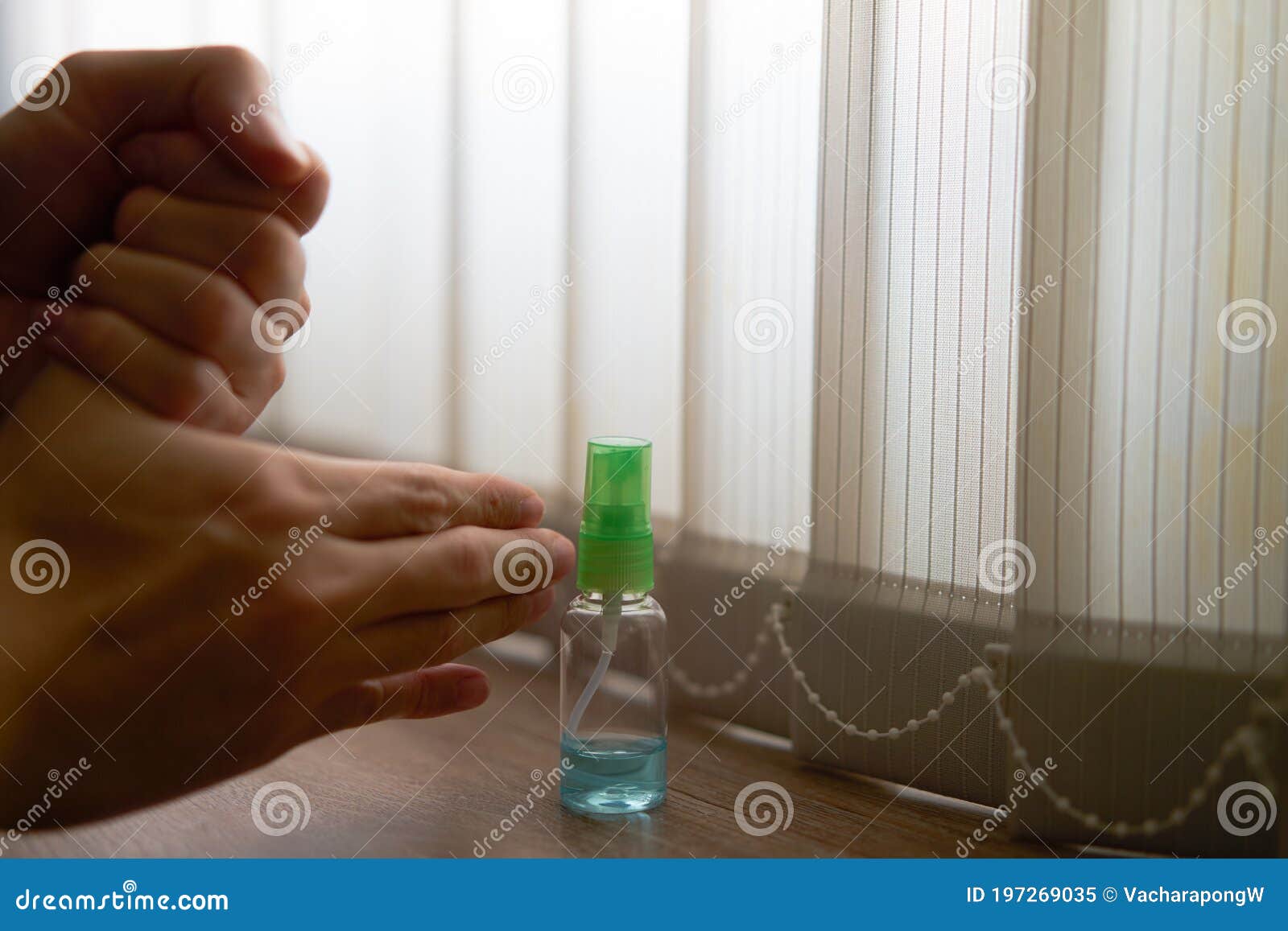 Hands Press Alcohol Spray before Outside Home from Work with Copy Space ...