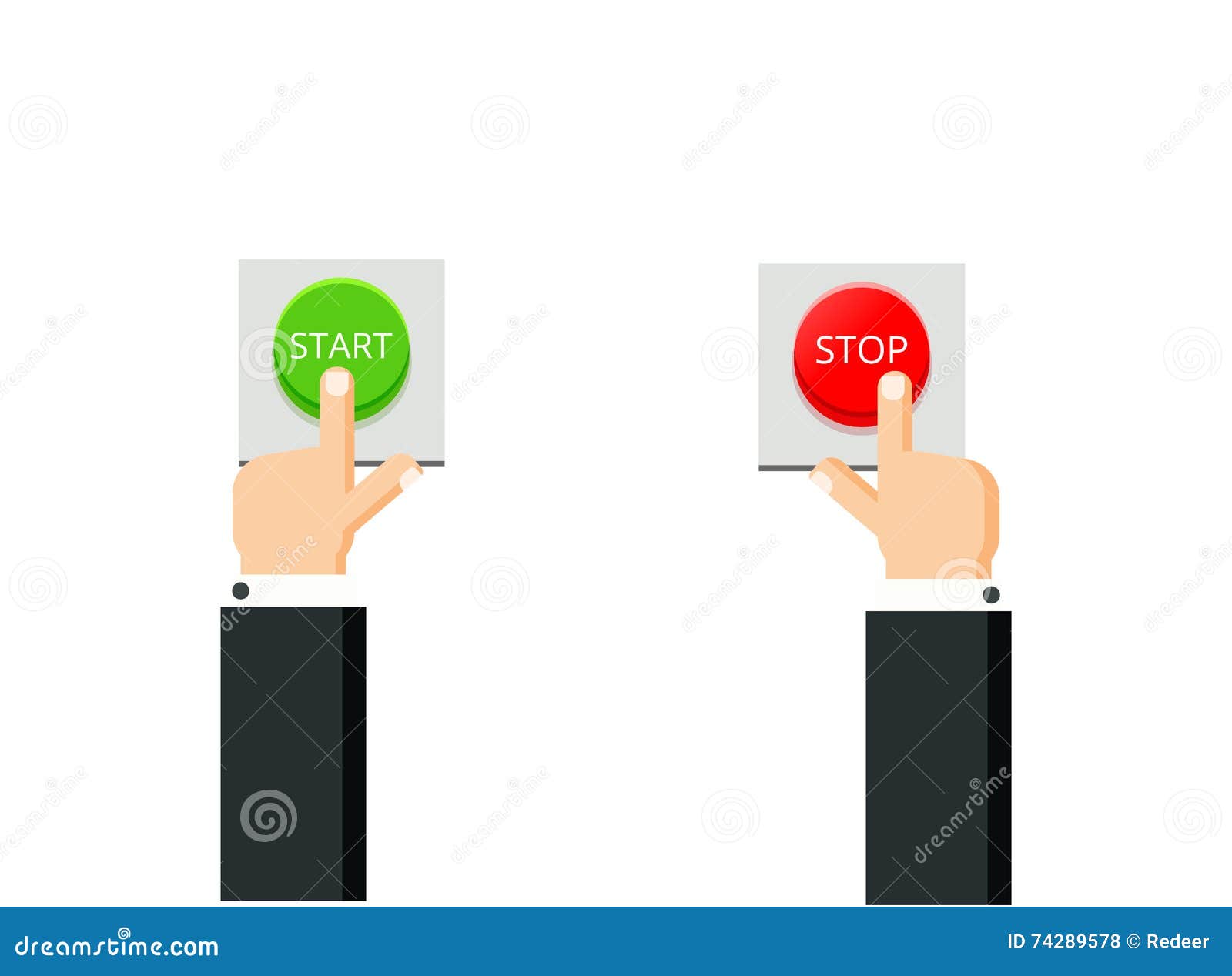Hands Press Buttons. Flat Illustration. Start and Stop Concept. Stock ...