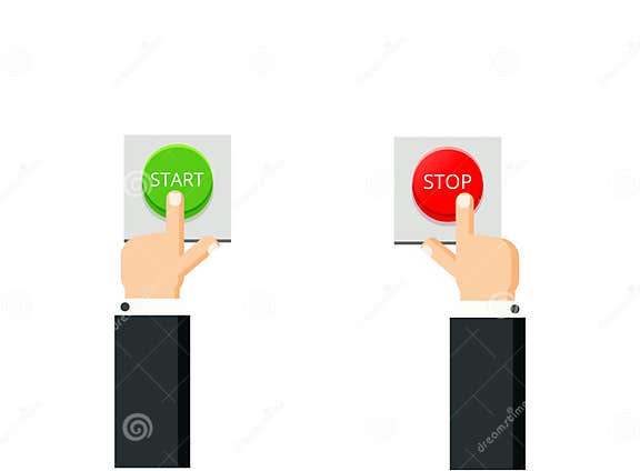 Hands Press Buttons. Flat Illustration. Start and Stop Concept. Stock ...