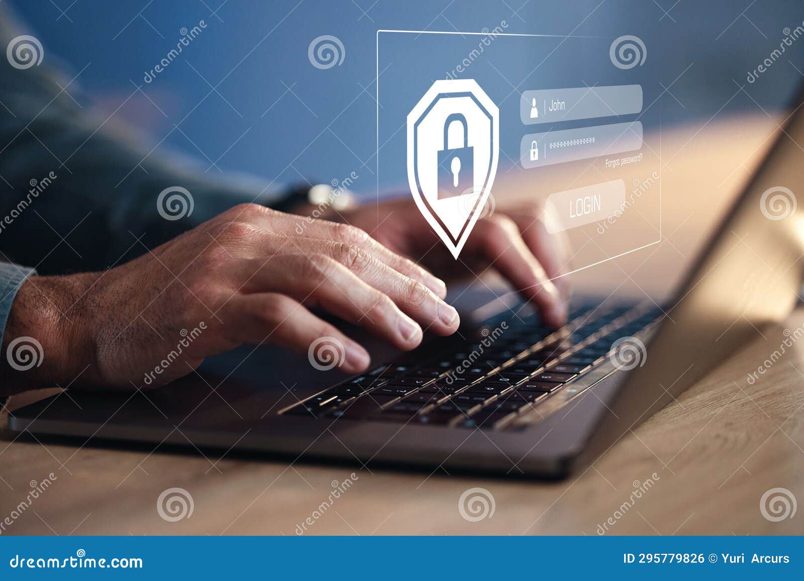 Hands, Programmer on Laptop and Hologram for Password Login, Cyber ...