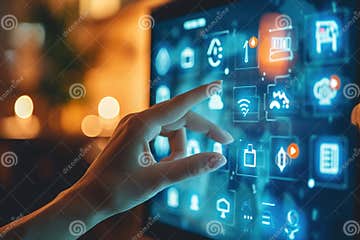 Hands Programming or Setting Up Smart Home Automation. Smart Control Panel Display Stock ...