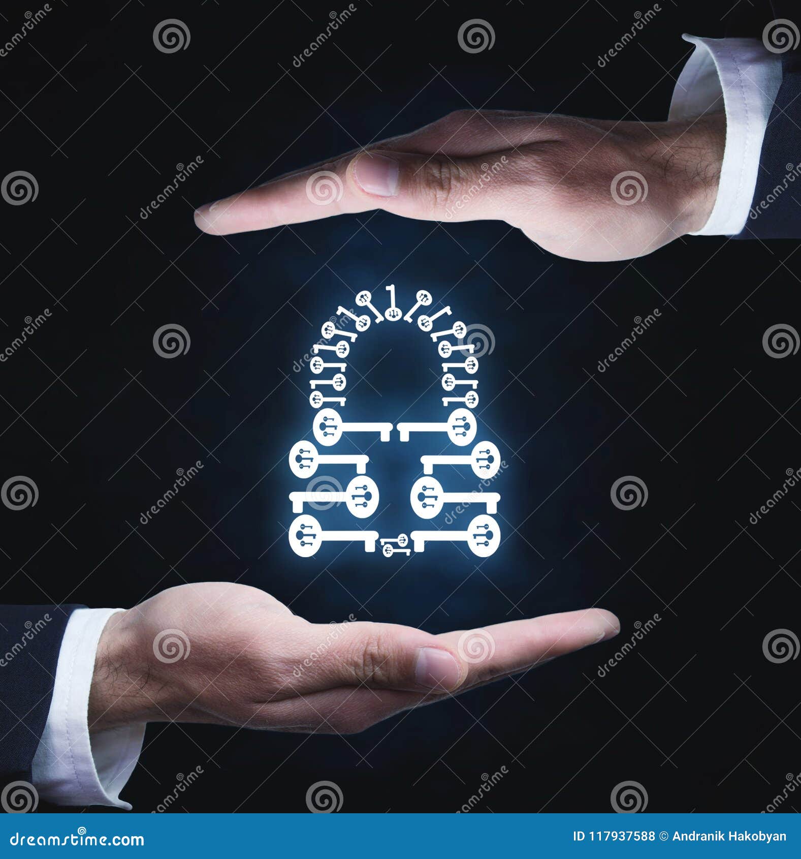 Hands Protect Padlock. Made of Many Keys Stock Photo - Image of access ...