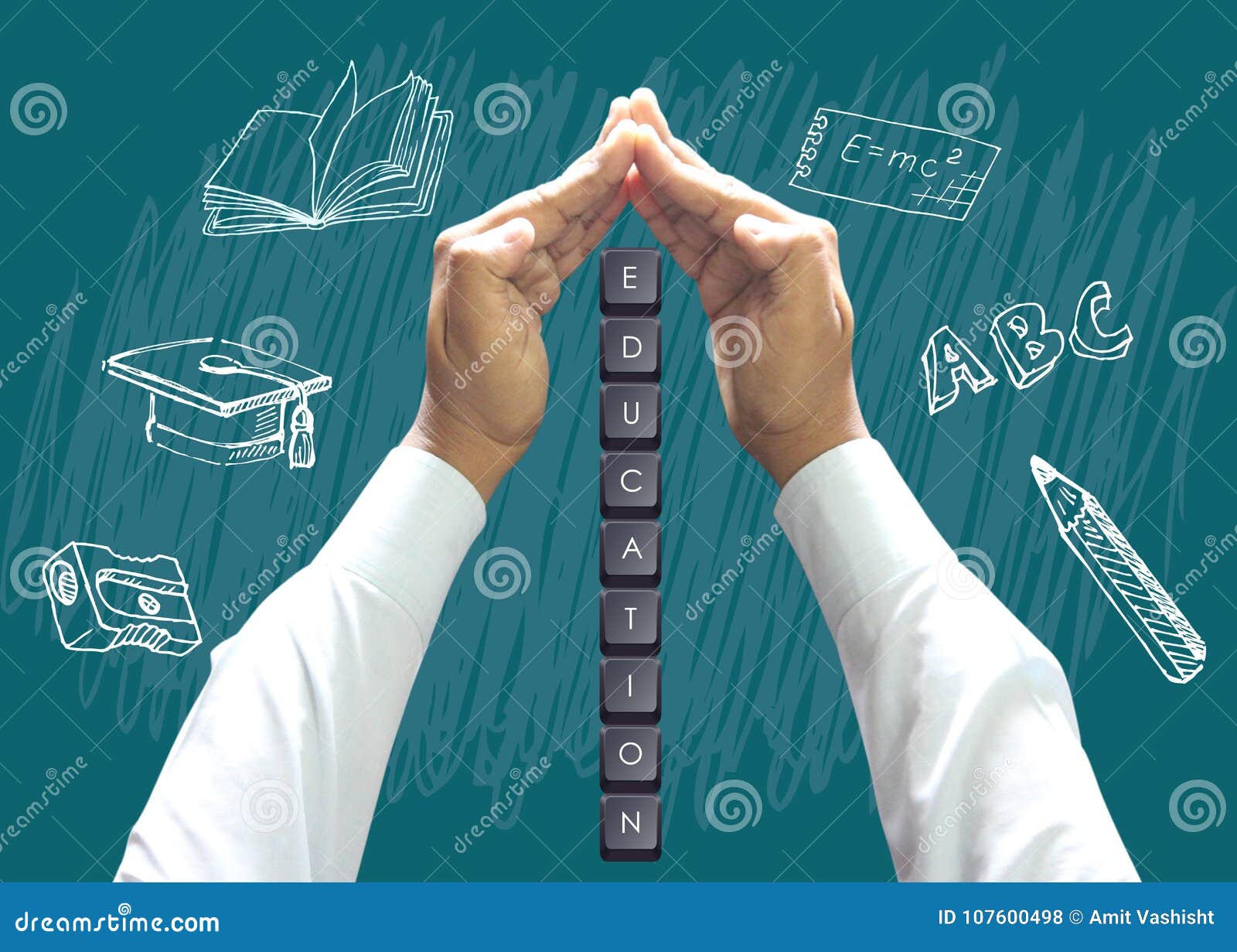 Hands Protecting Education Under Human Hands Over Blackboard Stock ...