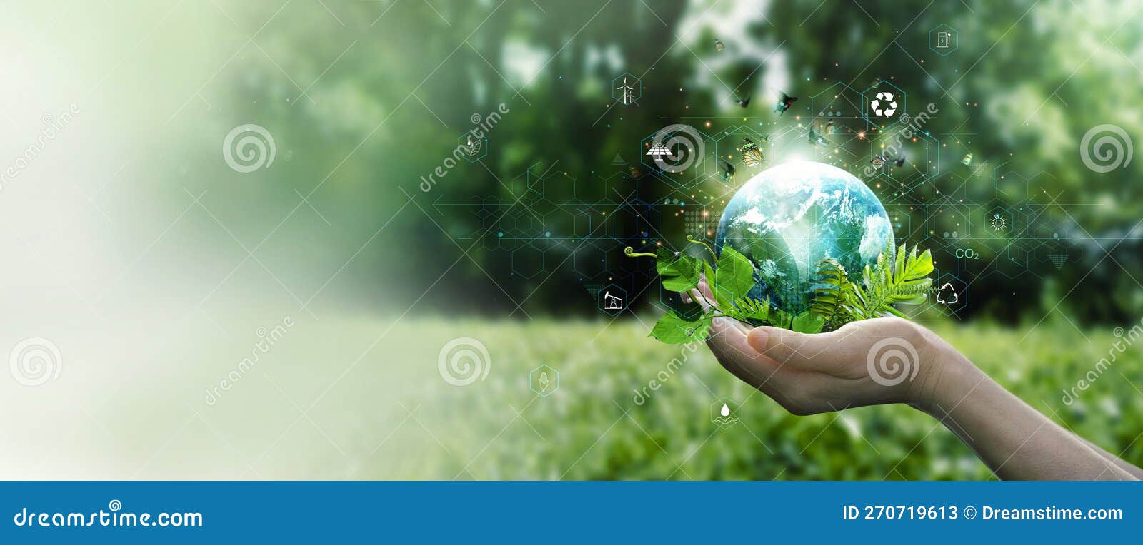 Hands Protecting Globe of Green Leafs and Tree on Tropical Nature ...